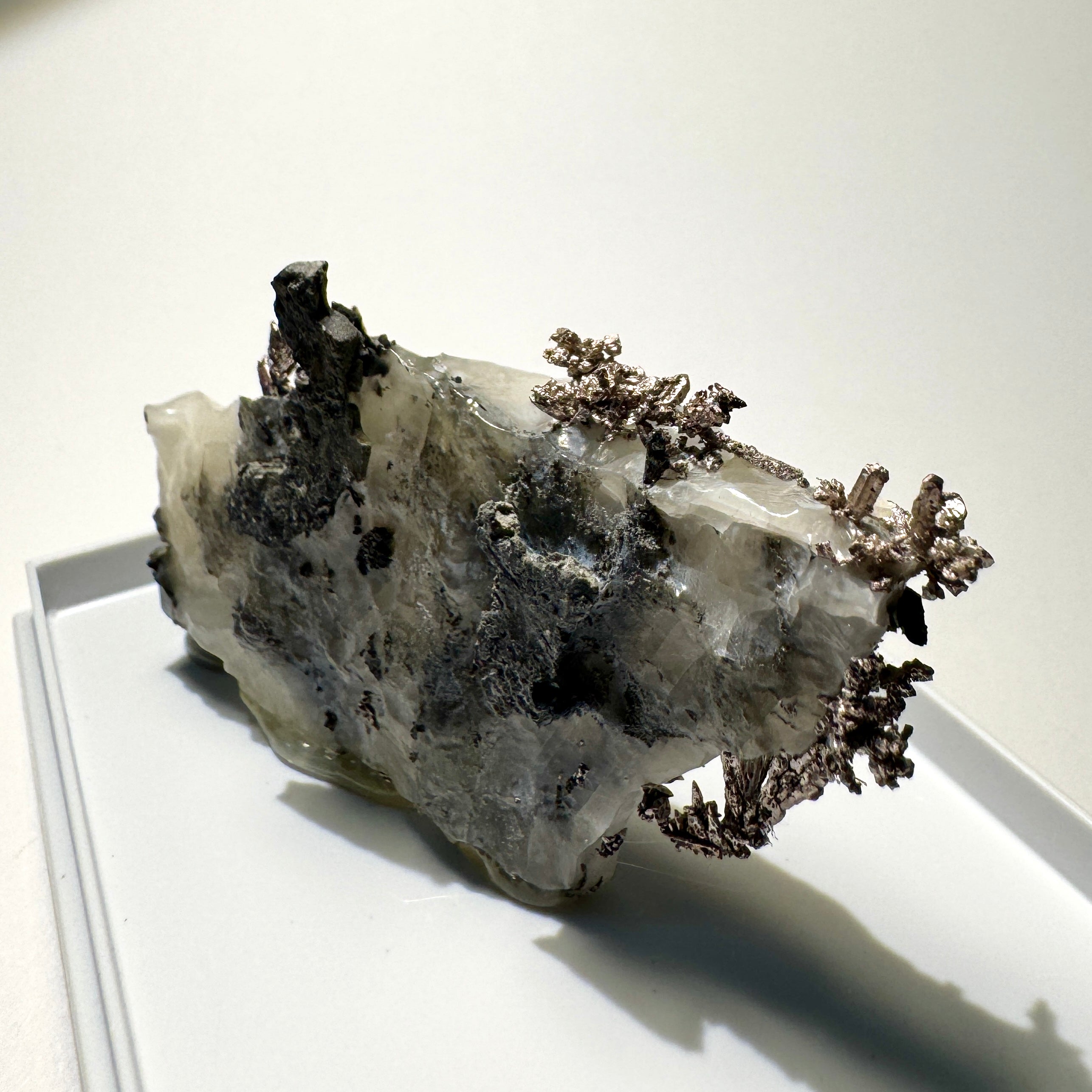Crystal : Mounted : Native Silver on Calcite and Grey Matrix Display S ...